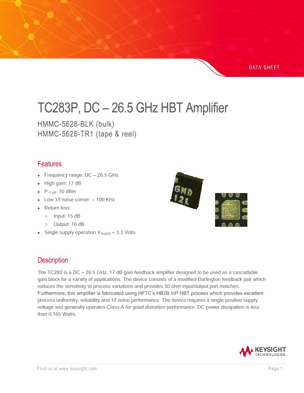 TC283P, DC – 26.5 GHz HBT Amplifier PDF Asset Page | Keysight